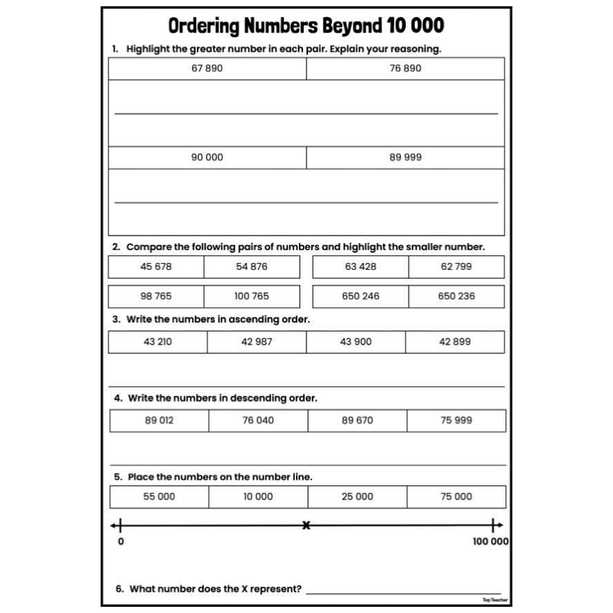 Ordering Large Numbers Beyond 10 000: Place Value Worksheets - Top Teacher