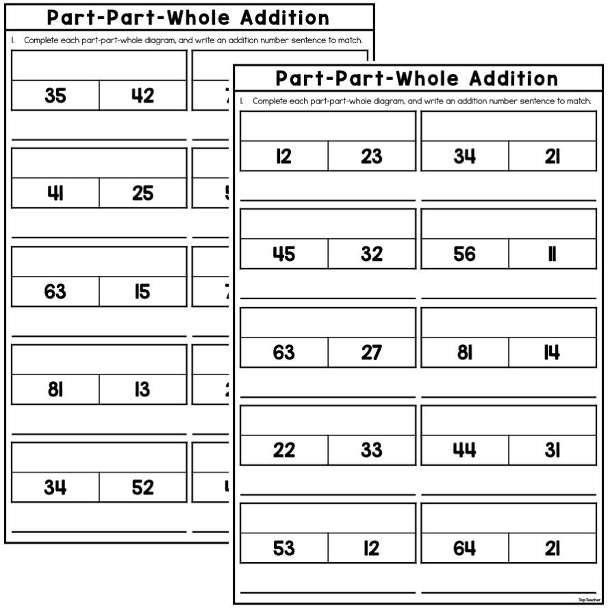 Part Part-Whole Addition of 2-Digit Numbers Worksheets - Top Teacher