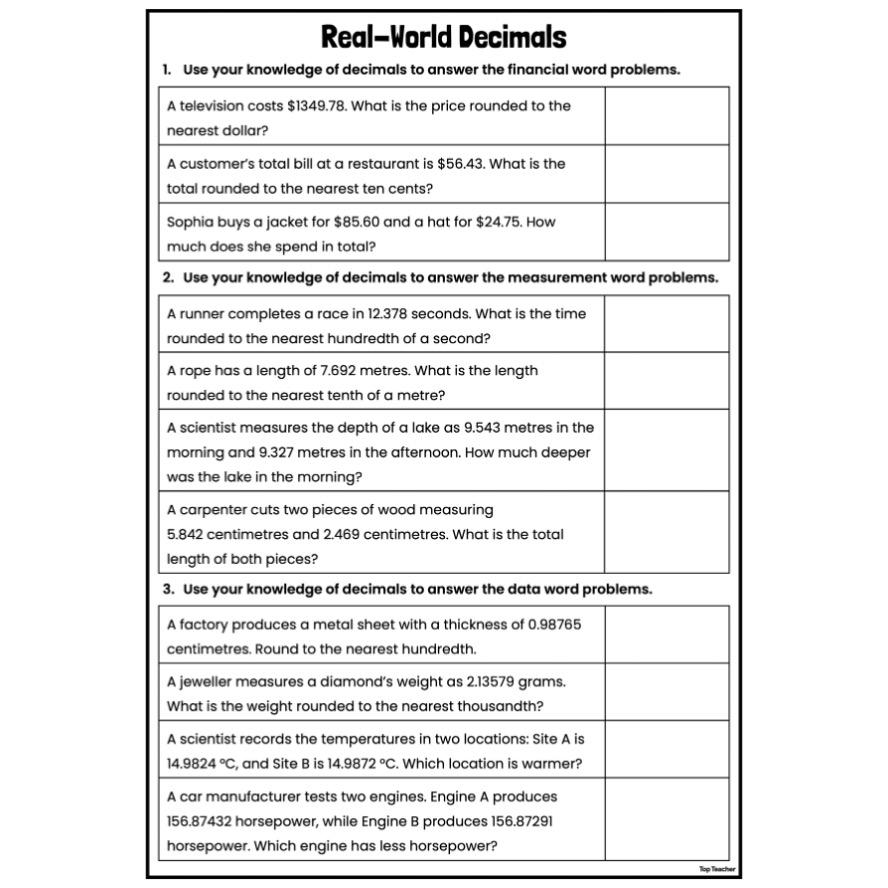 Real-World Decimals: Decimal Word Problem Worksheets - Top Teacher
