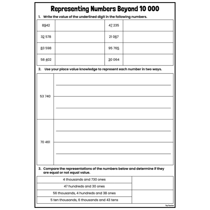 Representing Numbers Beyond 10 000 Worksheets - Top Teacher