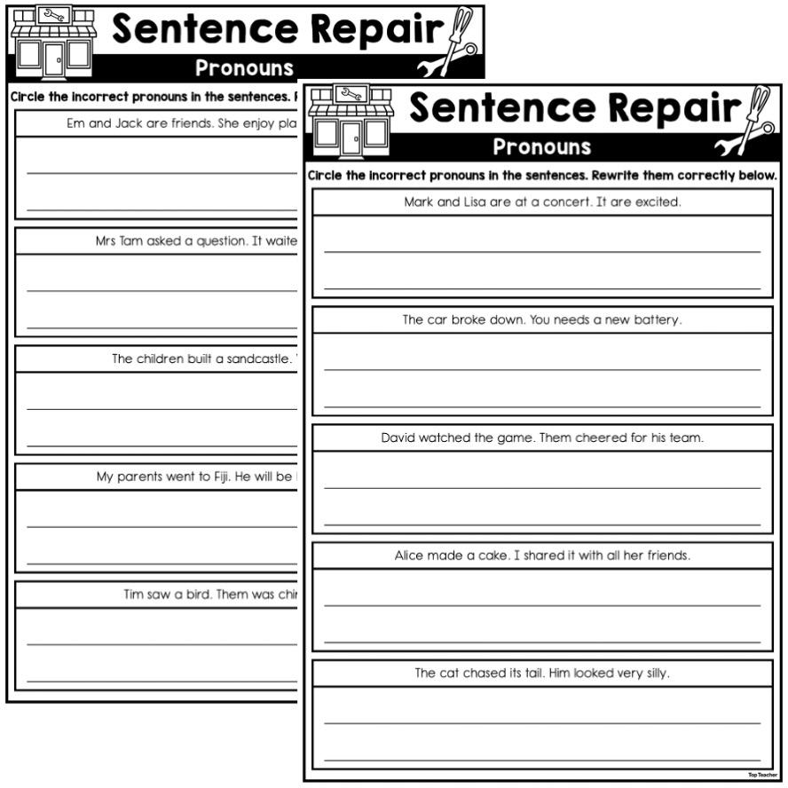 Sentence Repair: Pronoun Worksheets - Top Teacher