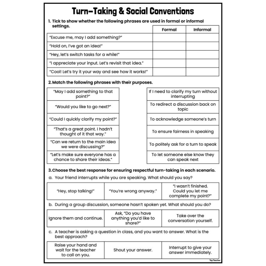 Turn-Taking & Social Conventions Worksheets - Top Teacher