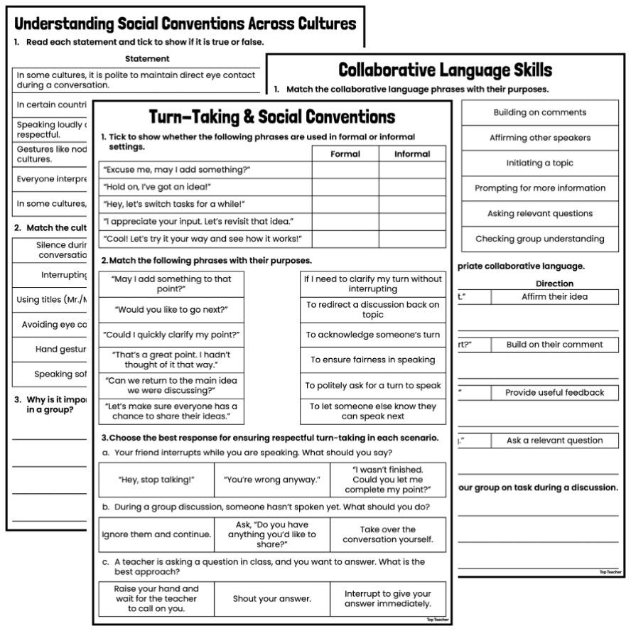 Social Conventions Worksheet PACKAGE - Top Teacher