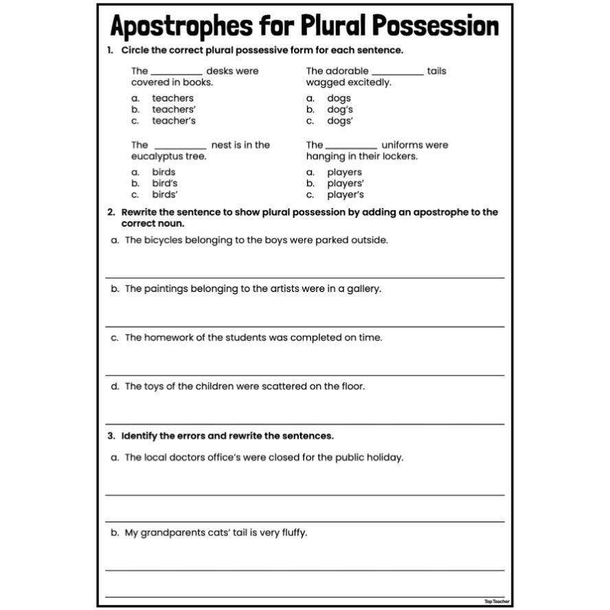 Apostrophes for Plural Possession Worksheets - Top Teacher