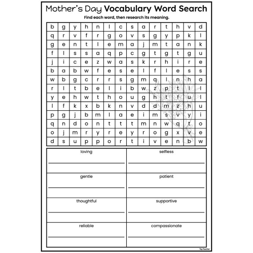 Mother’s Day: Vocabulary Word Search Worksheets - Top Teacher