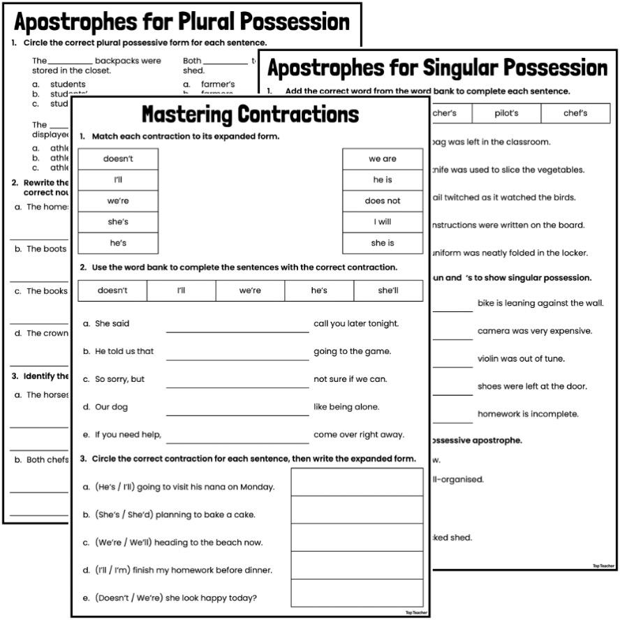Apostrophes for Possession & Contractions Worksheet PACKAGE - Top Teacher