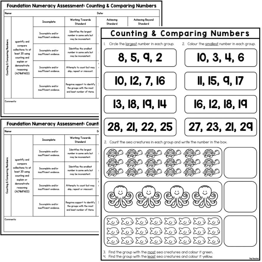 Counting & Comparing Numbers Numeracy Assessment: Foundation - Top Teacher
