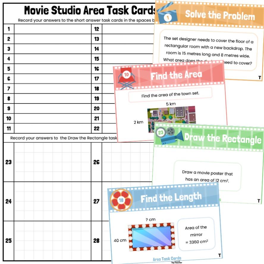 Movie Studio Task Cards: Solving Area Problems - Top Teacher
