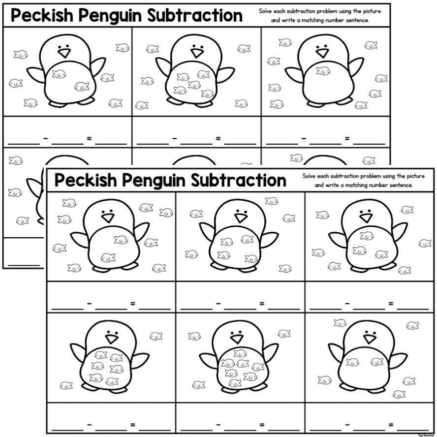 Peckish Penguin Subtraction Within 10 Worksheets - Top Teacher