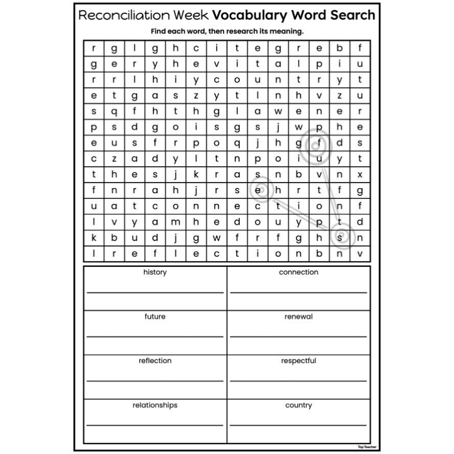Reconciliation Week: Vocabulary Word Search Worksheets - Top Teacher