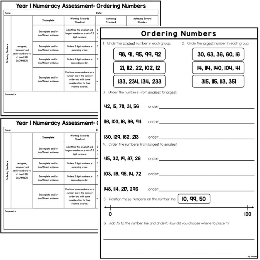 Ordering Numbers Numeracy Assessment: Year 1 - Top Teacher