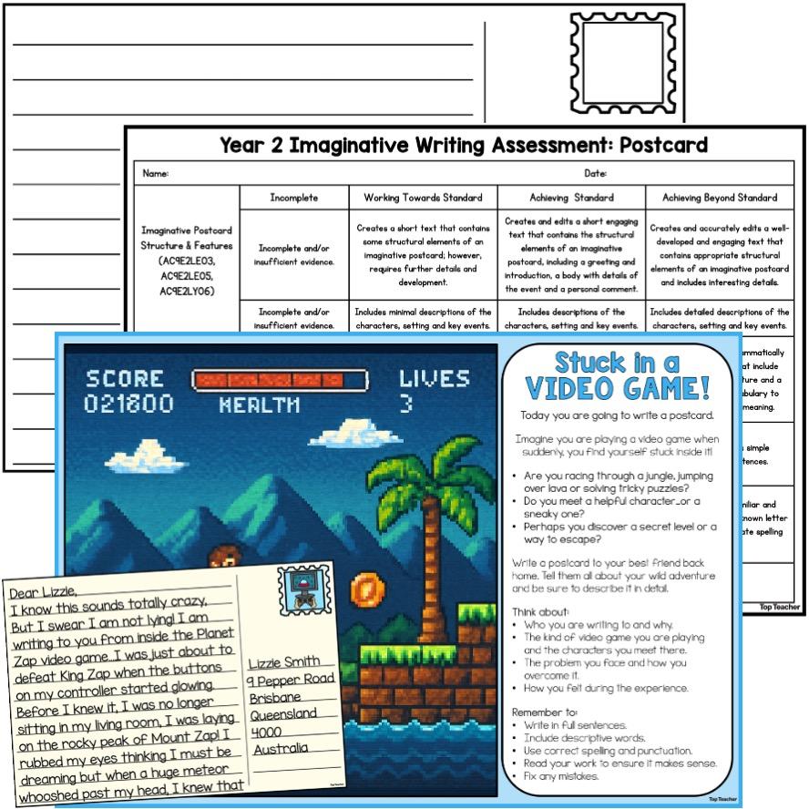 Stuck in a Video Game! Imaginative Postcard Writing Assessment: Year 2 ...