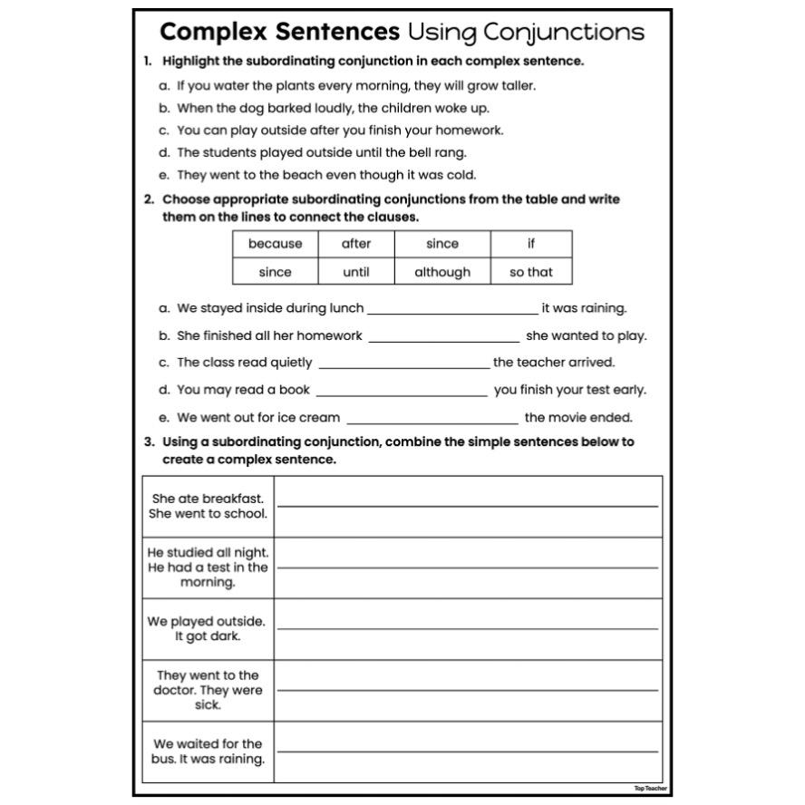 Complex Sentences Using Conjunctions Worksheets - Top Teacher