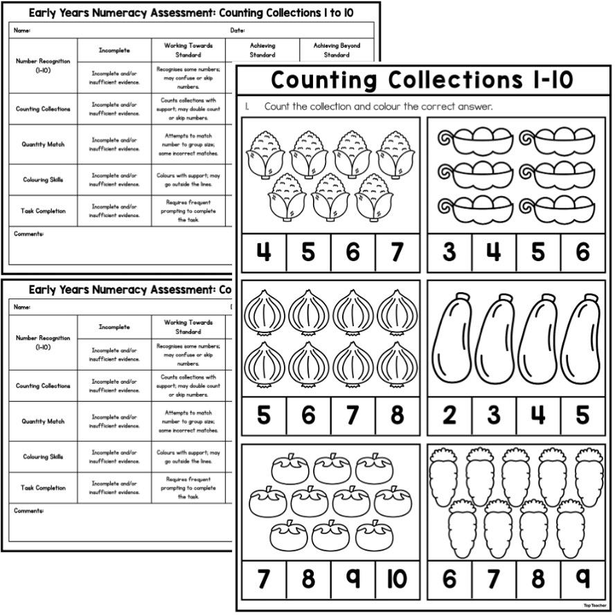 Counting Collections 1-10 Numeracy Assessment: Early Years - Top Teacher