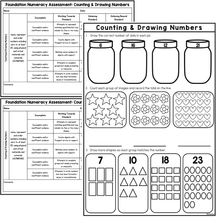 Counting & Drawing Numbers Numeracy Assessment: Foundation - Top Teacher