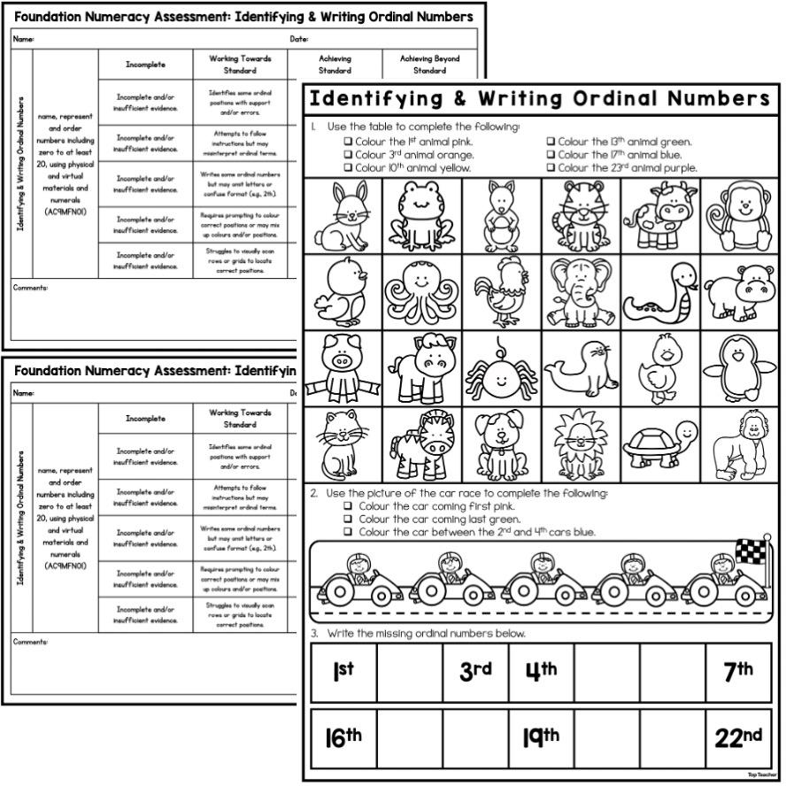Identifying & Writing Ordinal Numbers Assessment: Foundation - Top Teacher