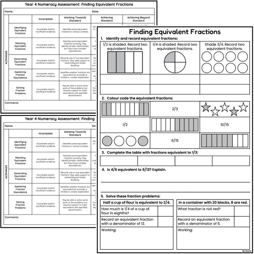 Finding Equivalent Fractions Numeracy Assessment: Year 4 - Top Teacher
