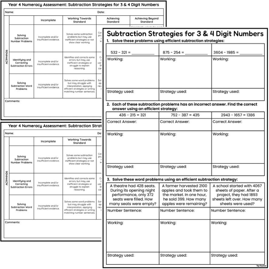 Subtraction Strategies for 3 & 4 Digit Numbers Numeracy Assessment ...