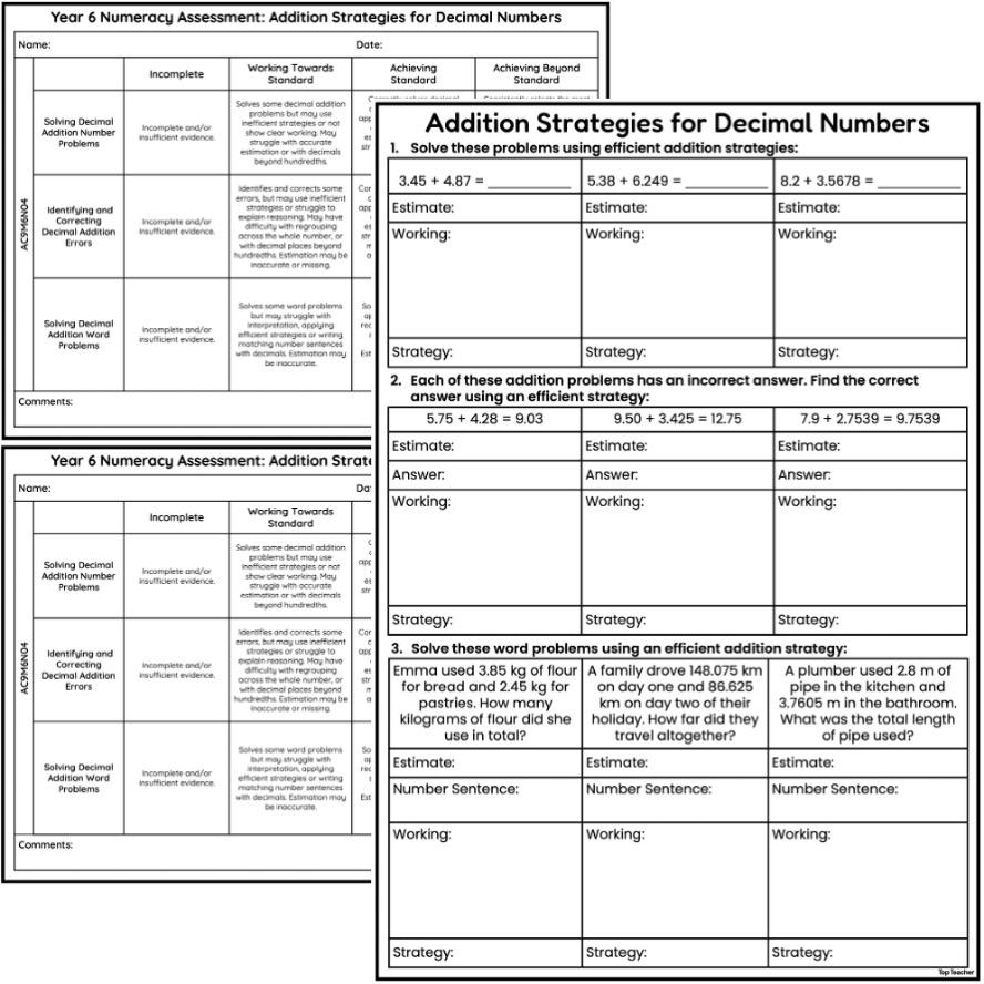 Addition Strategies for Decimal Numbers Numeracy Assessment: Year 6 ...