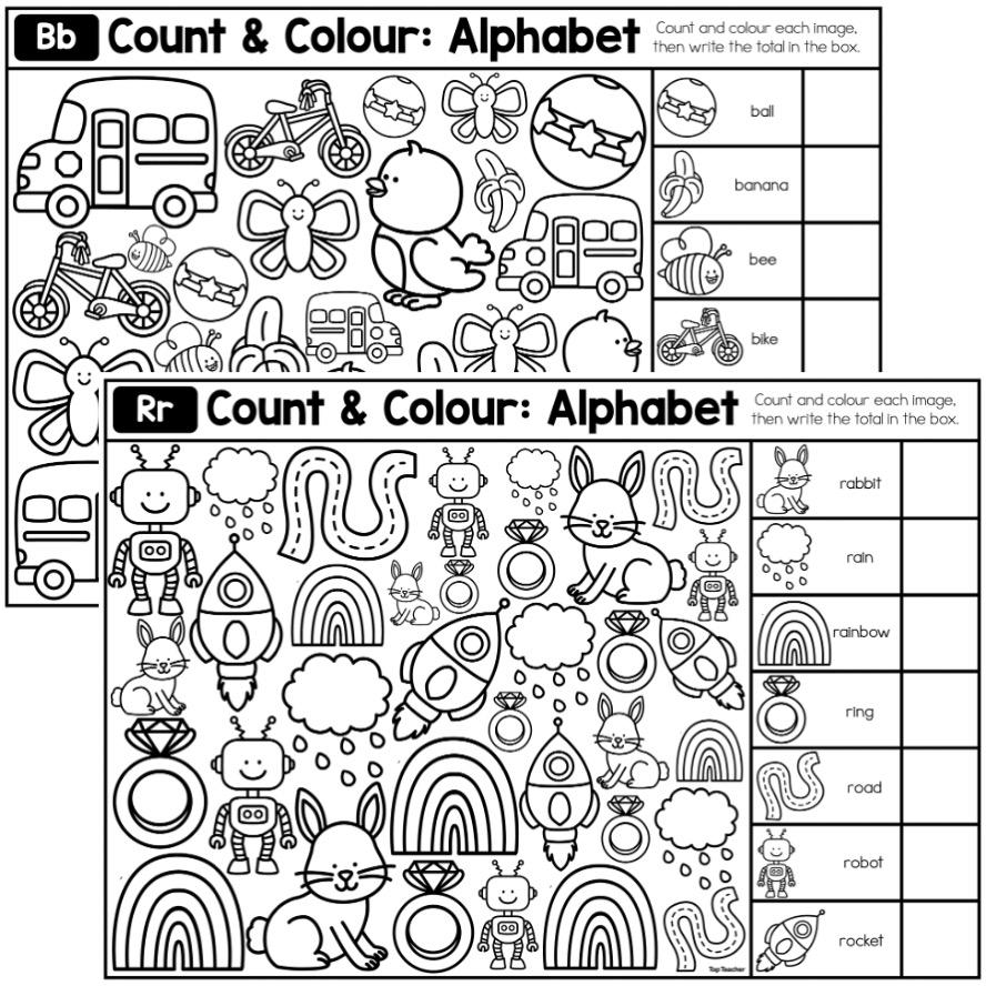 Count & Colour: Alphabet Worksheets - Top Teacher