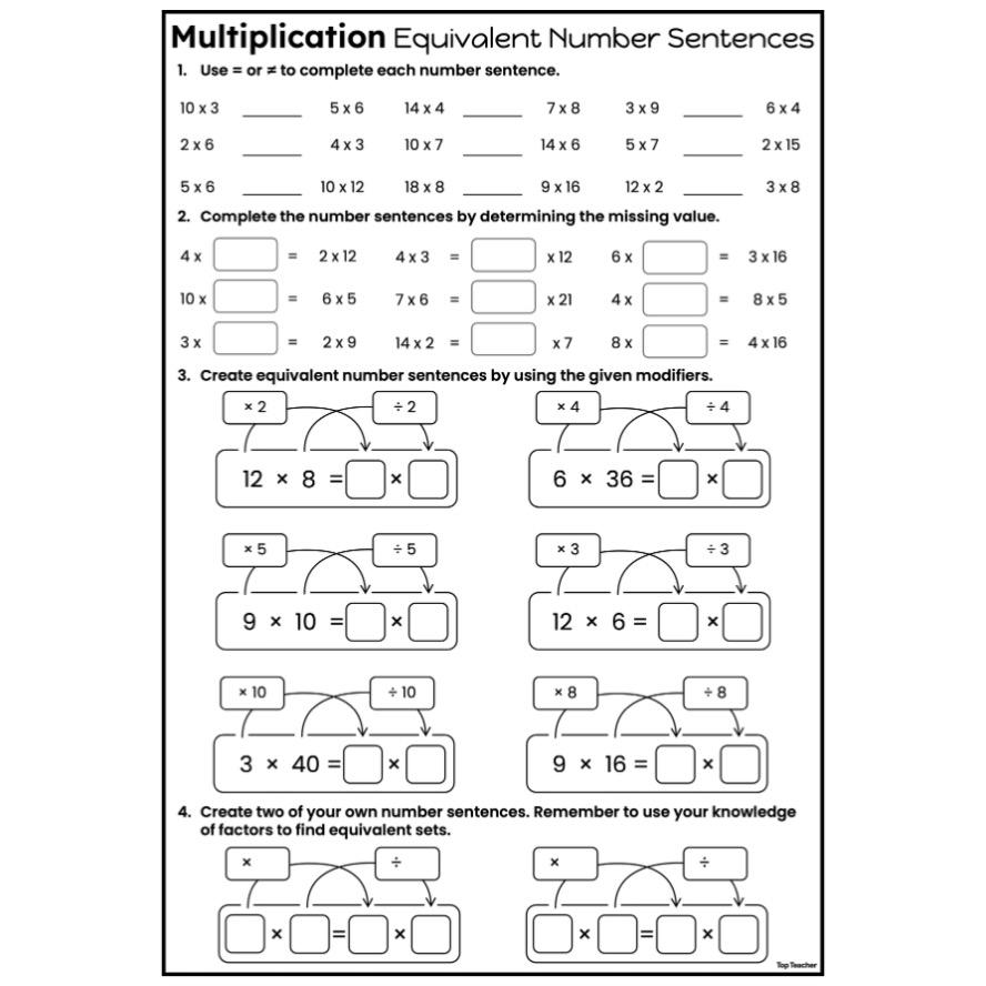 Equivalent Number Sentences: Multiplication Worksheets - Top Teacher