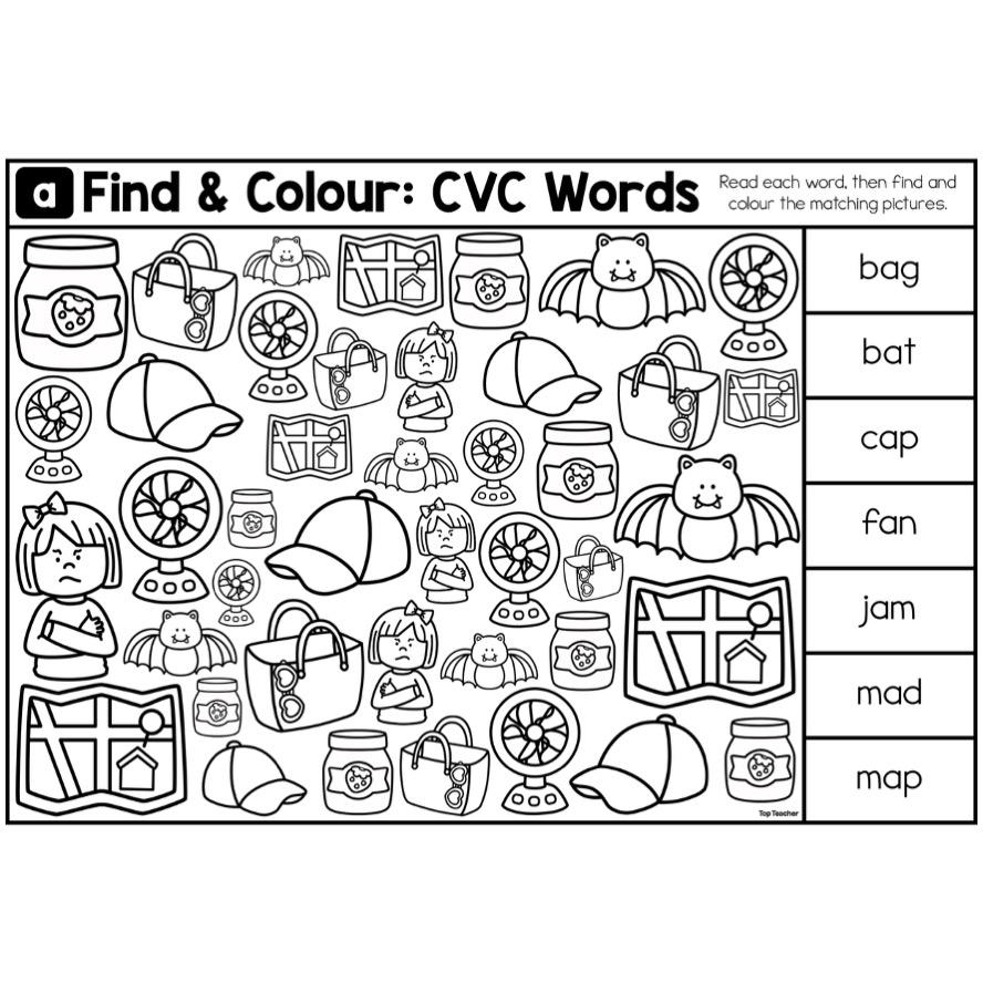 Find & Colour: CVC Words /a/ Worksheet - Top Teacher
