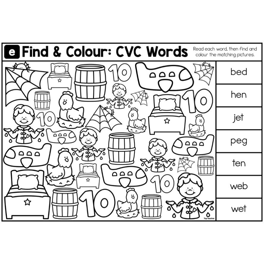 Find & Colour: CVC Words /e/ Worksheet - Top Teacher