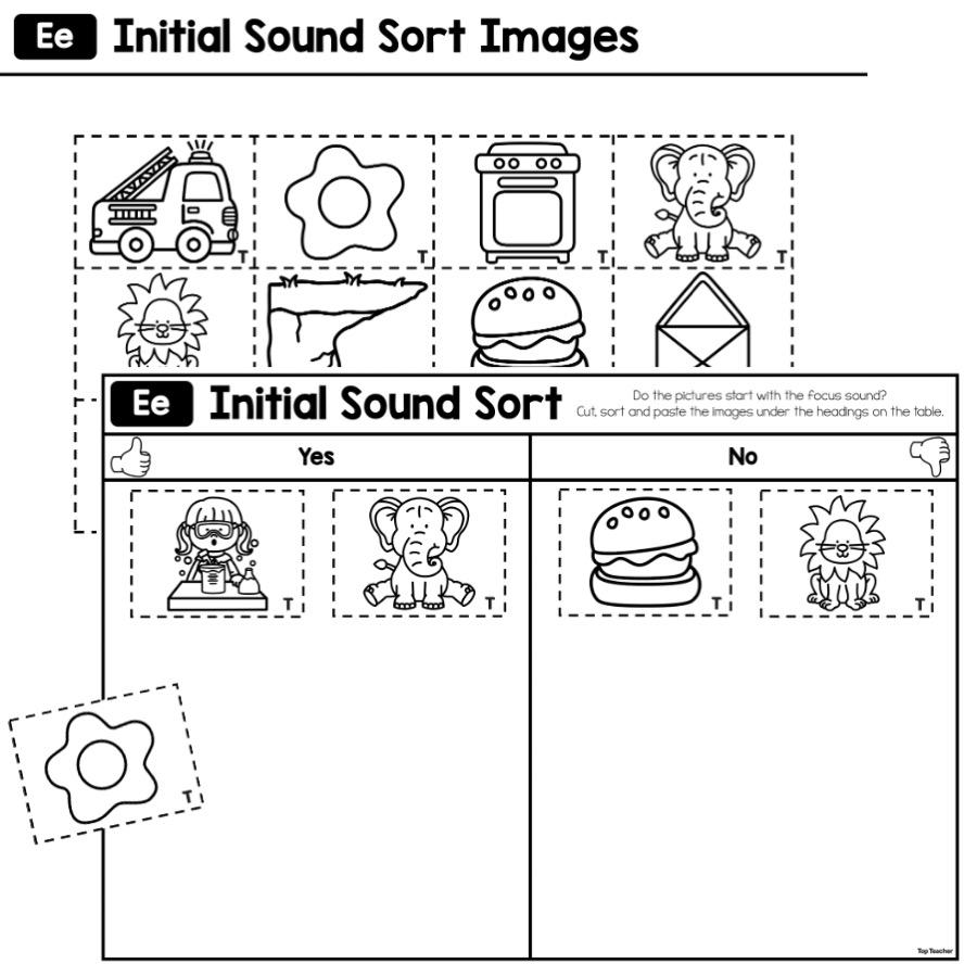 Initial Sound Sort Activity: Letter E - Top Teacher