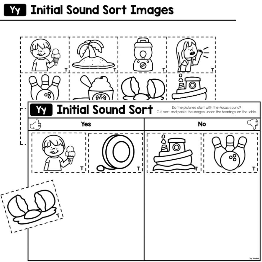 Initial Sound Sort Activity: Letter Y - Top Teacher
