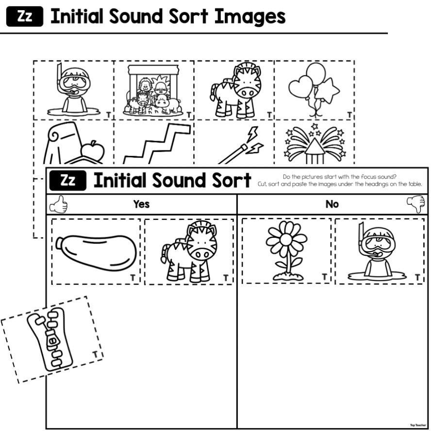Initial Sound Sort Activity: Letter Z - Top Teacher