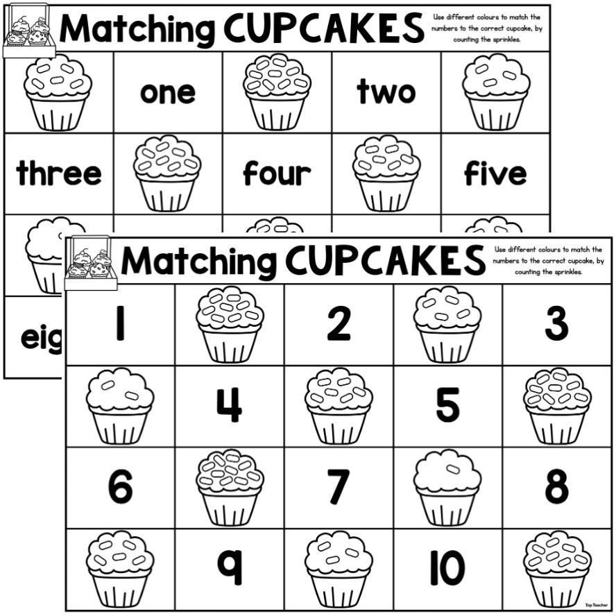Matching Cupcakes (1-10) Worksheets - Top Teacher