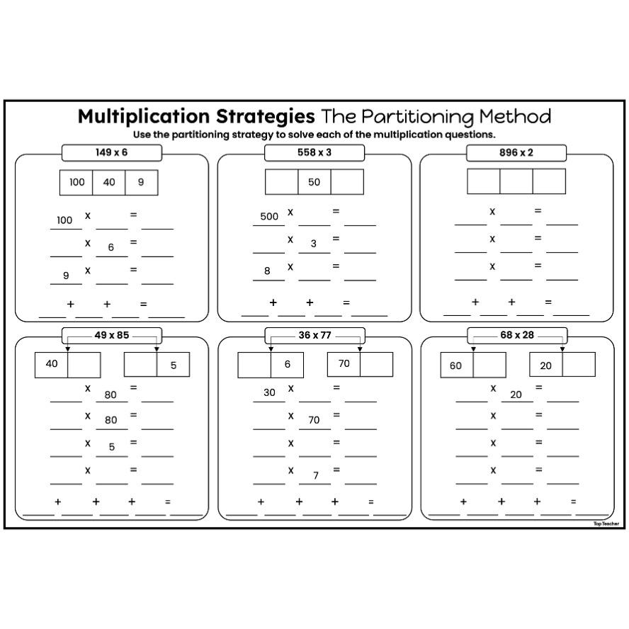 Multiplication Strategies: The Partitioning Method Worksheets - Top Teacher