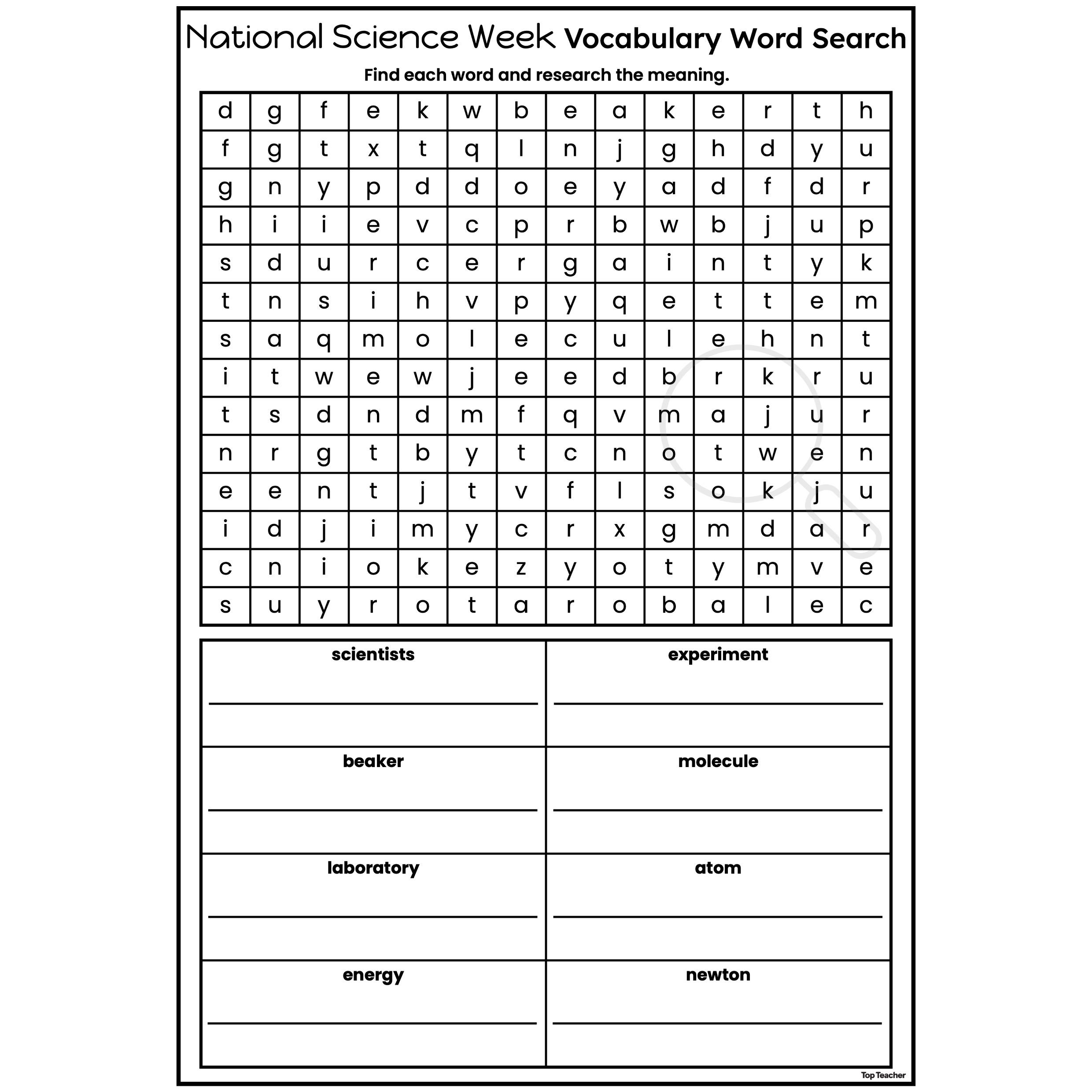 National Science Week: Vocabulary Word Search Worksheets - Top Teacher
