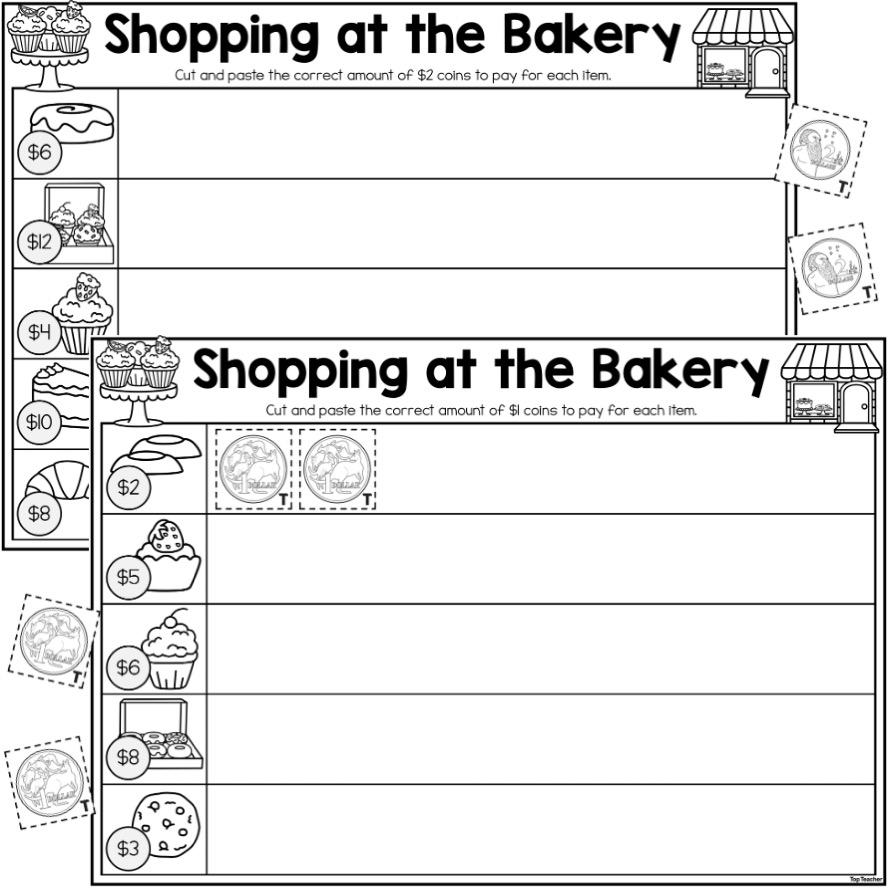 Shopping at the Bakery: Counting Dollar Coins Worksheets - Top Teacher