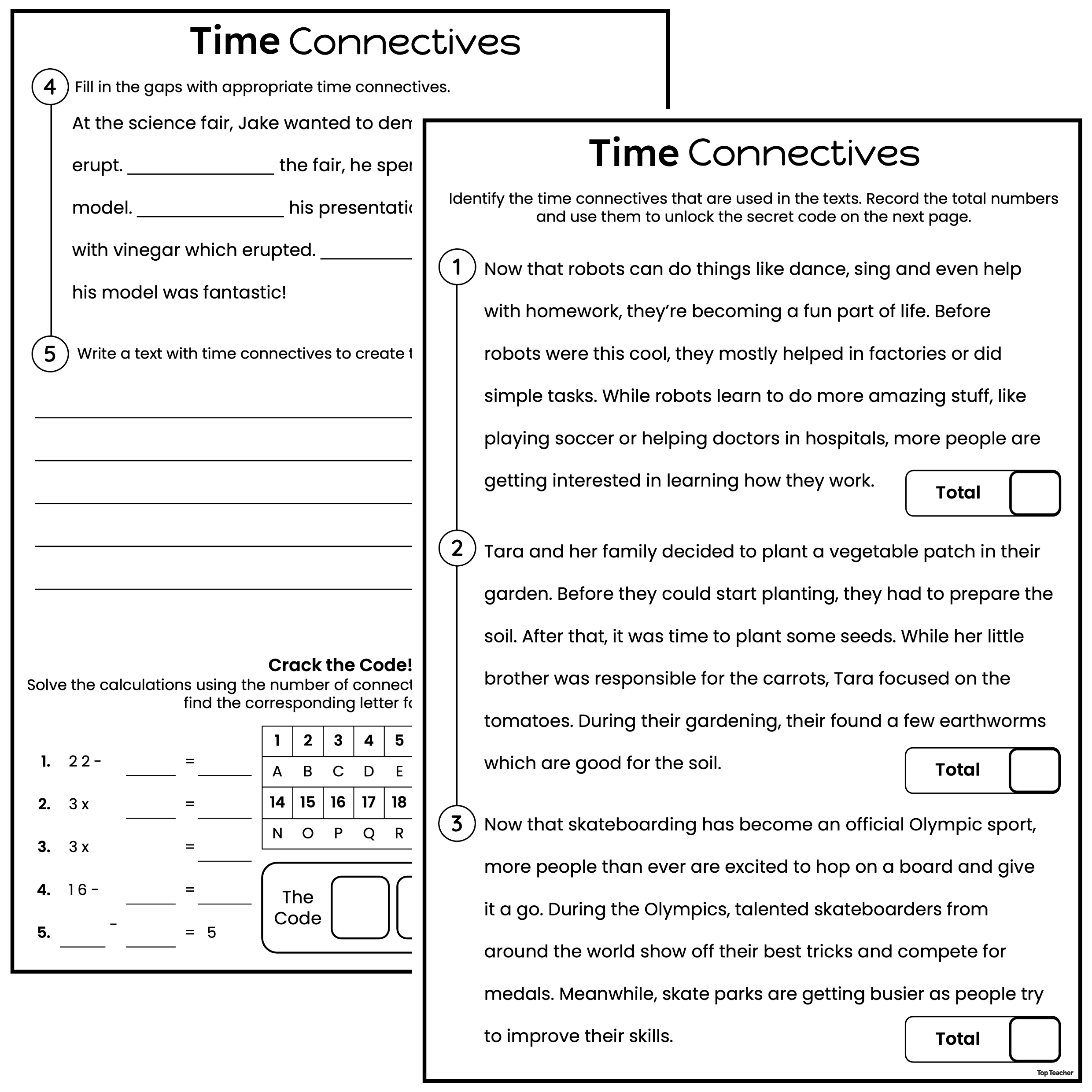 Time Connectives Code Breaker Worksheets - Top Teacher