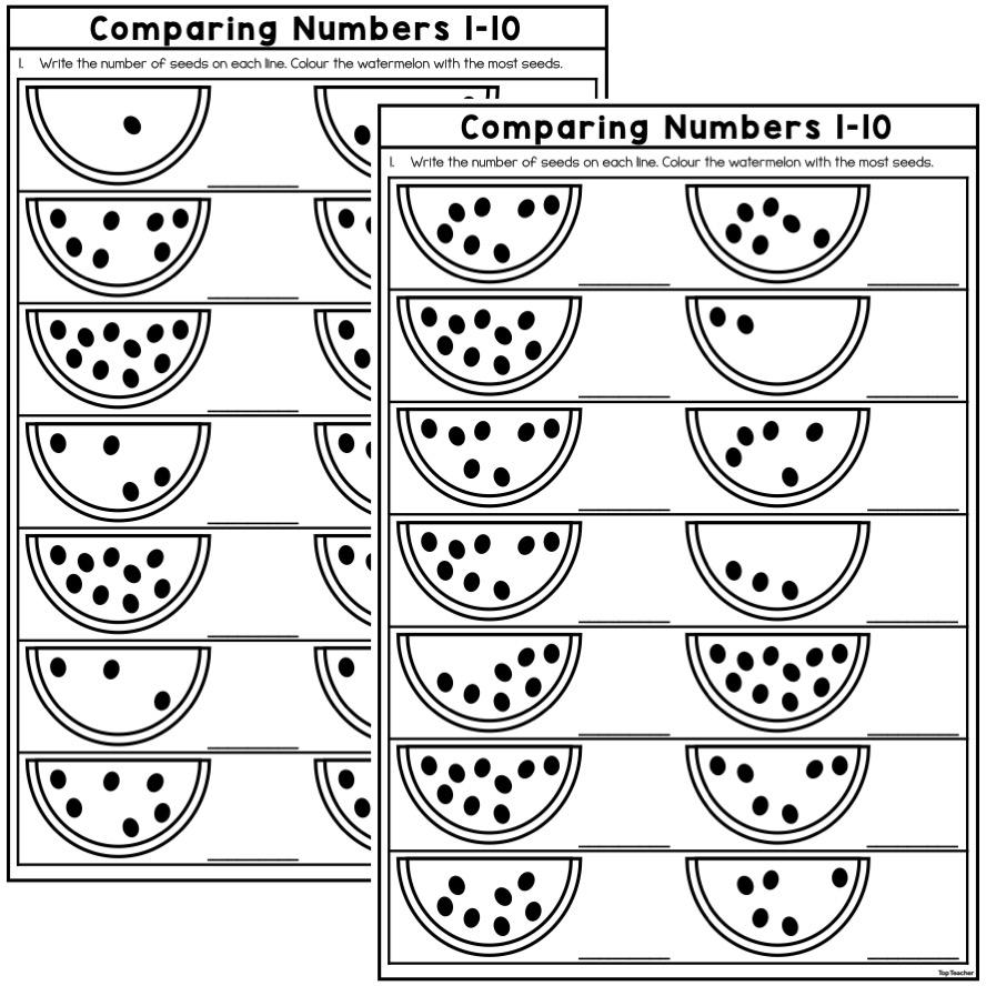 Comparing Watermelon Seeds: Numbers 1-10 Worksheets - Top Teacher