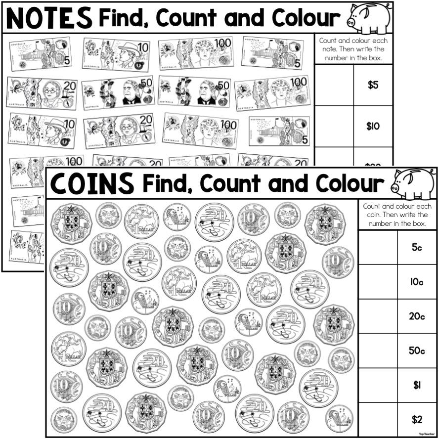 Coloring Money Worksheets FREE Identify Coins And Color By The Code,