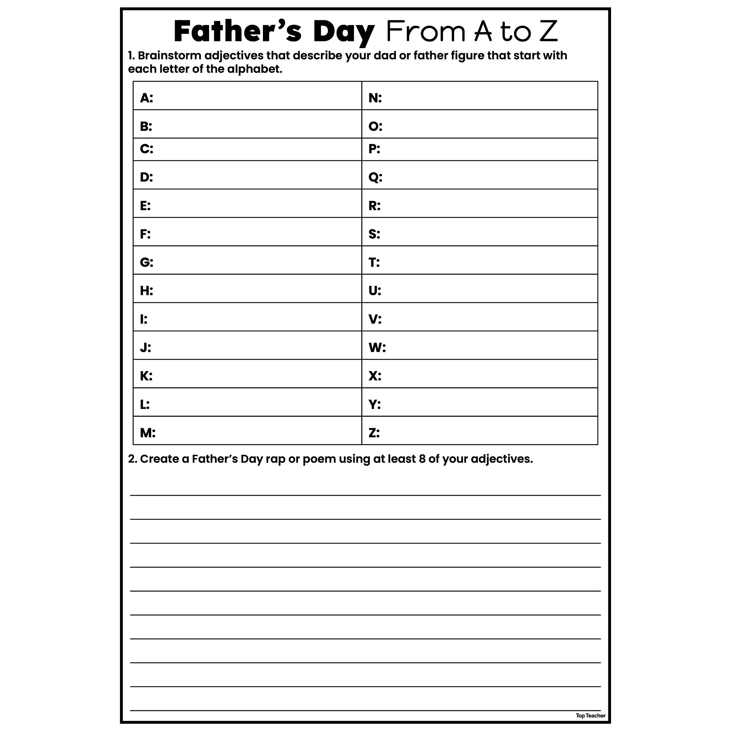 Father’s Day A to Z Worksheet - Top Teacher