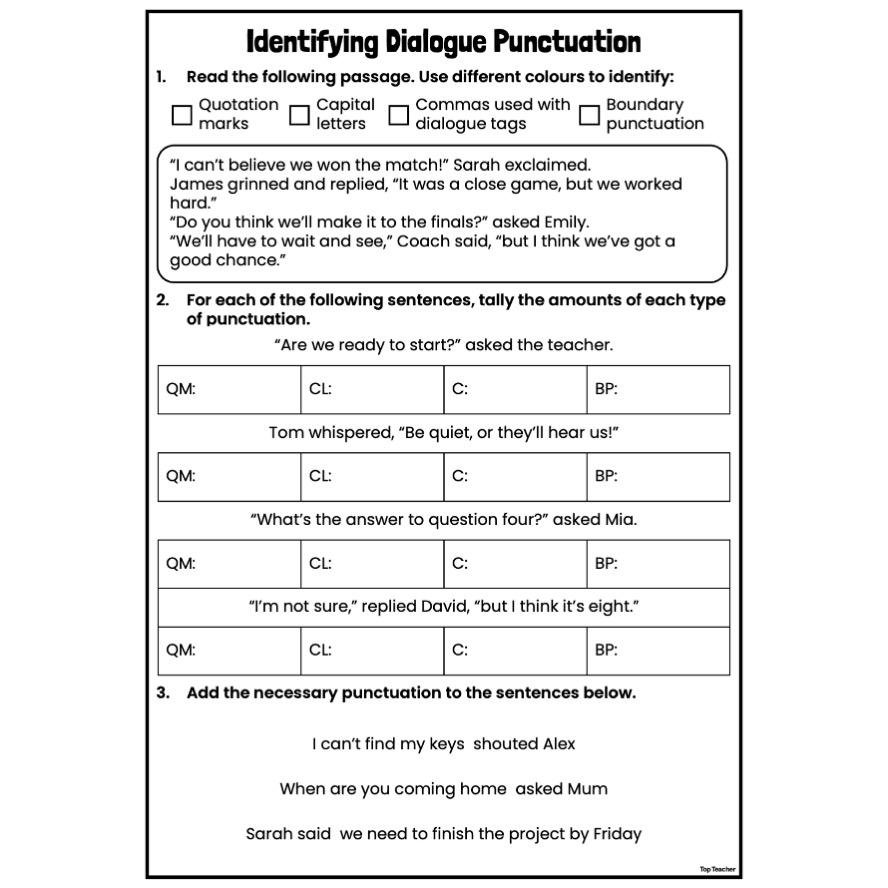 Identifying Dialogue Punctuation Worksheet - Top Teacher