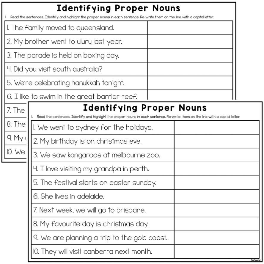 Identifying Proper Nouns Worksheets - Top Teacher