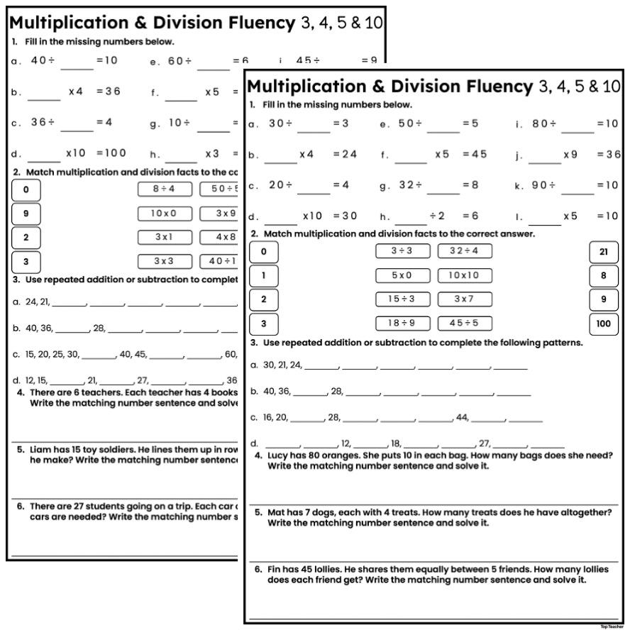 Multiplication & Division Fluency Worksheets - Top Teacher
