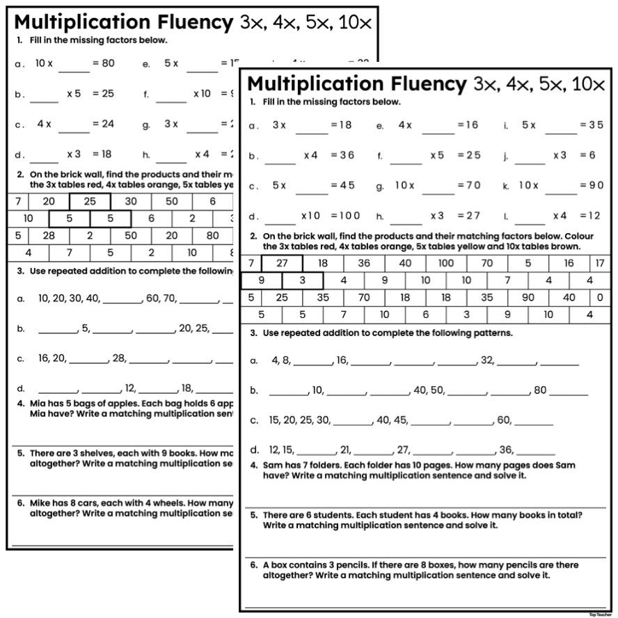 Multiplication Fluency Worksheets: 3x, 4x, 5x & 10x - Top Teacher