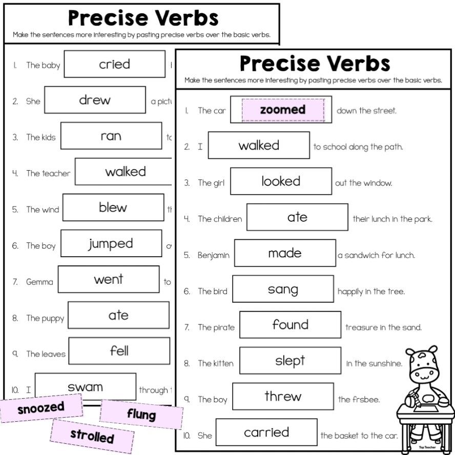 Precise Verbs: Improving Sentences Worksheets - Top Teacher