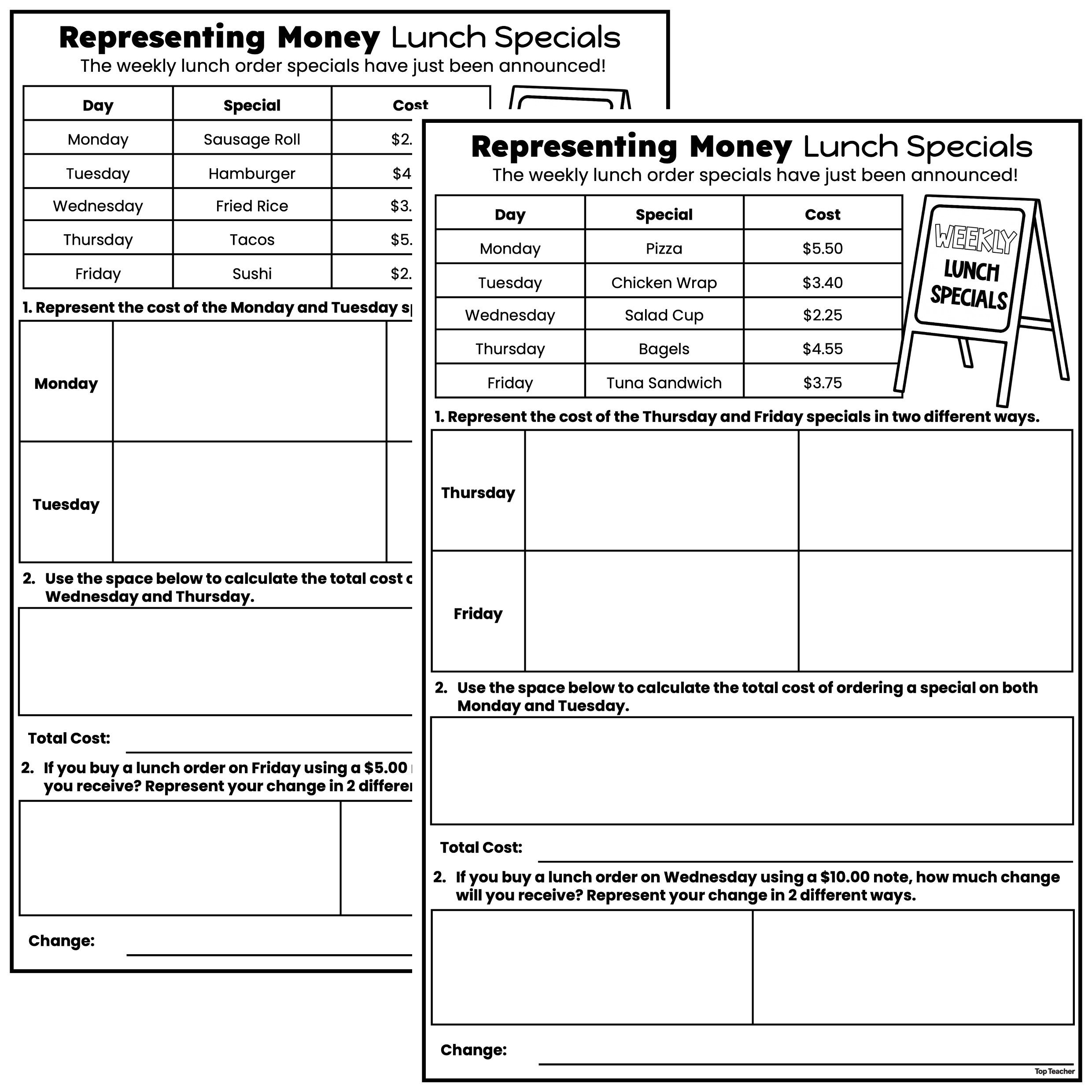 Representing Money Lunch Specials Worksheet - Top Teacher