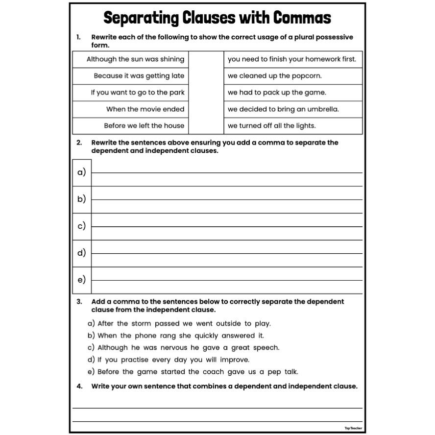 Separating Clauses with Commas Worksheet - Top Teacher