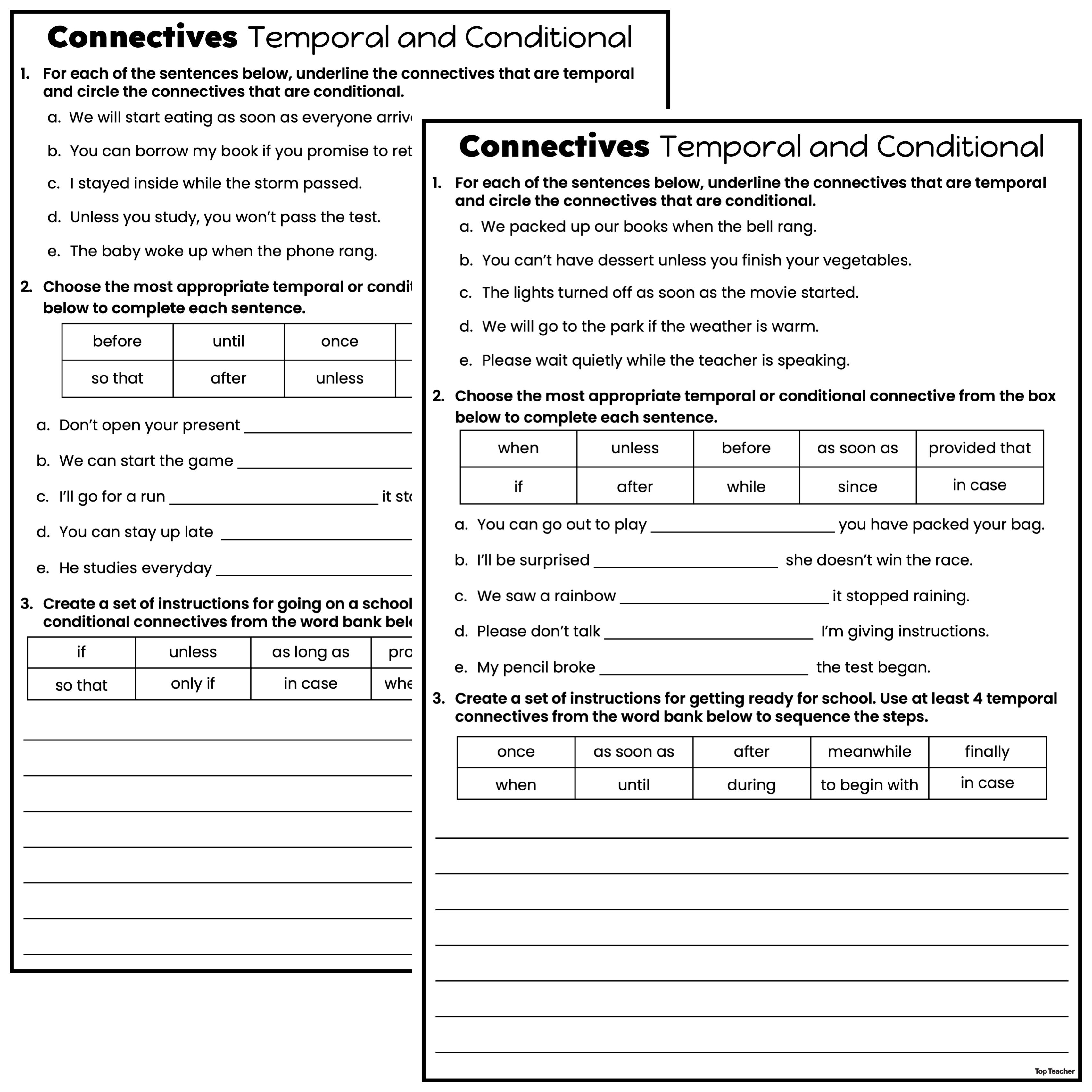 Connectives: Temporal & Conditional Worksheet - Top Teacher