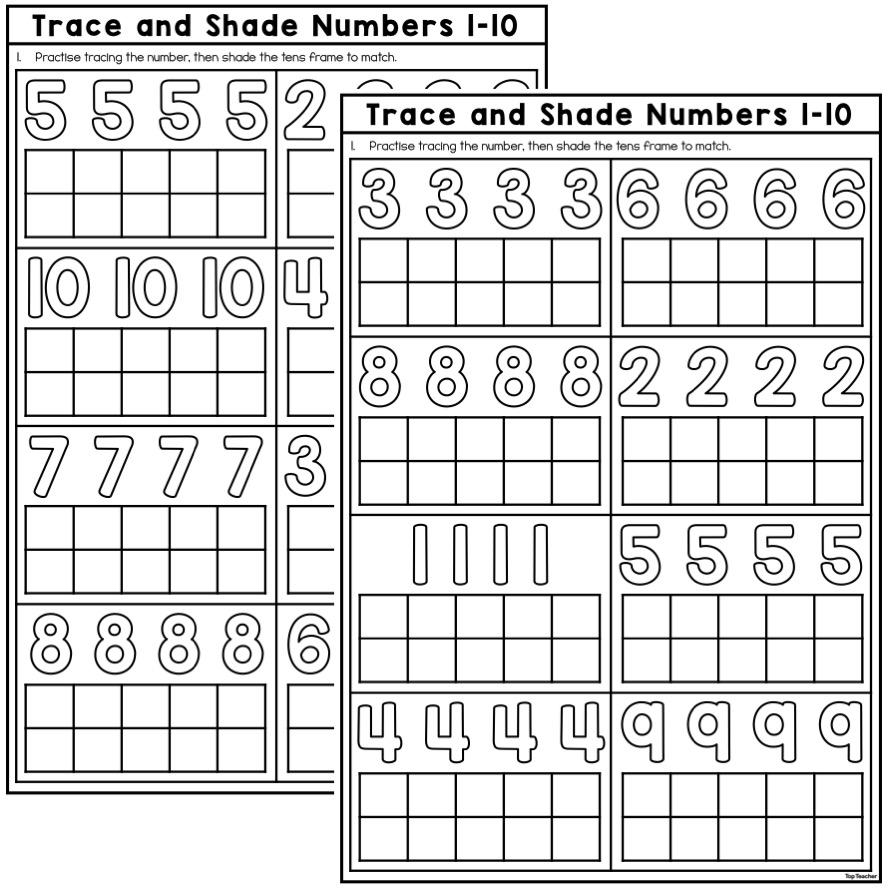 Trace & Shade: Numbers 1-10 Worksheets - Top Teacher