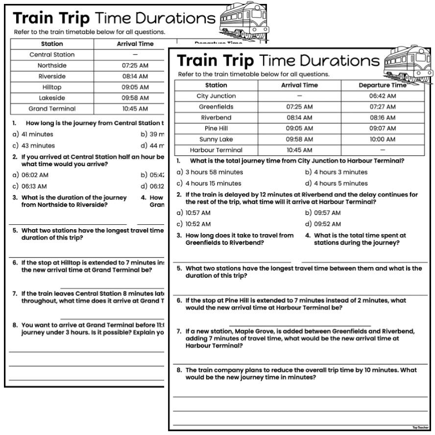 Train Trip Time Durations Worksheets - Top Teacher