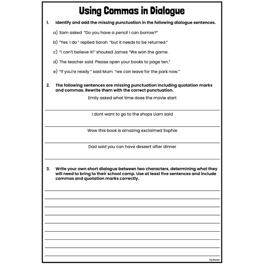 Using the Commas in Dialogue Worksheets - Top Teacher
