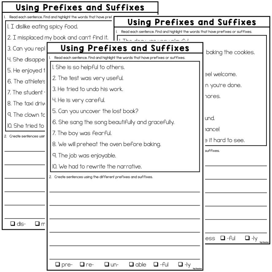 Using Prefixes & Suffixes Worksheets - Top Teacher